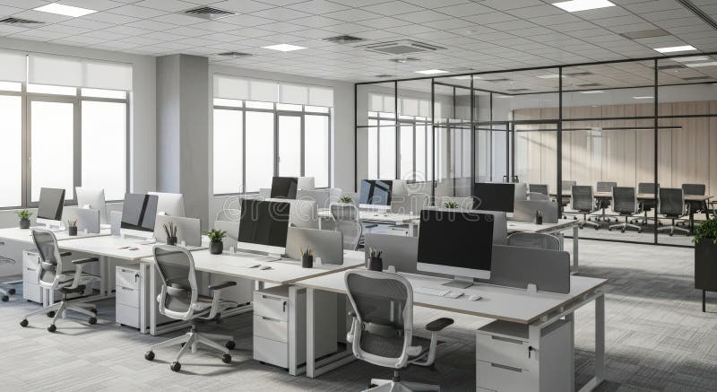 Modern Open Plan Office with Glass Meeting Room Stock Photo - Image of furniture, architecture ...