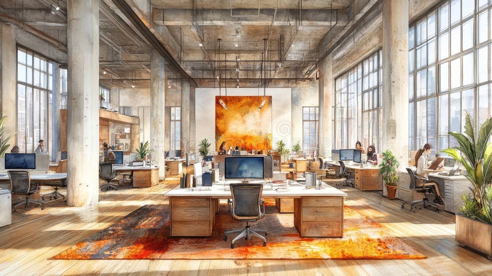 Modern Office Interior with Workstations, Large Windows, and ...
