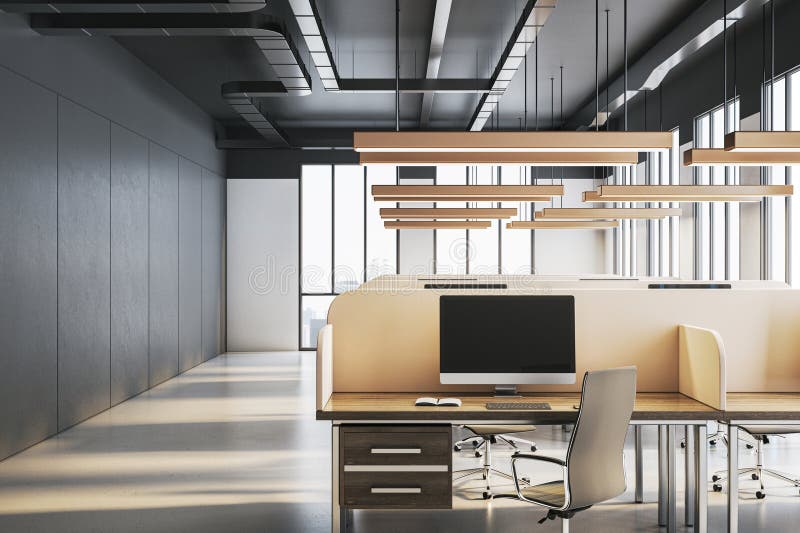 Modern Office Interior with Workstations, Large Windows, and Minimalist ...