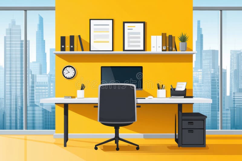 Modern Office Interior with Yellow Accent Wall and Cityscape View Stock ...