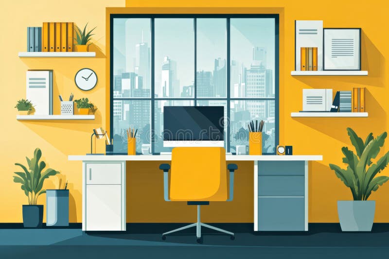 Modern Office Interior with Yellow Accent Wall and Cityscape View Stock ...
