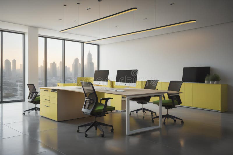 Modern Office Interior with Yellow Walls, Tiled Floor, Yellow Computer ...