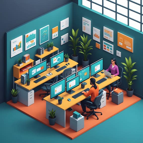 Modern Office Isometric View with Employees Working on Computers Stock ...