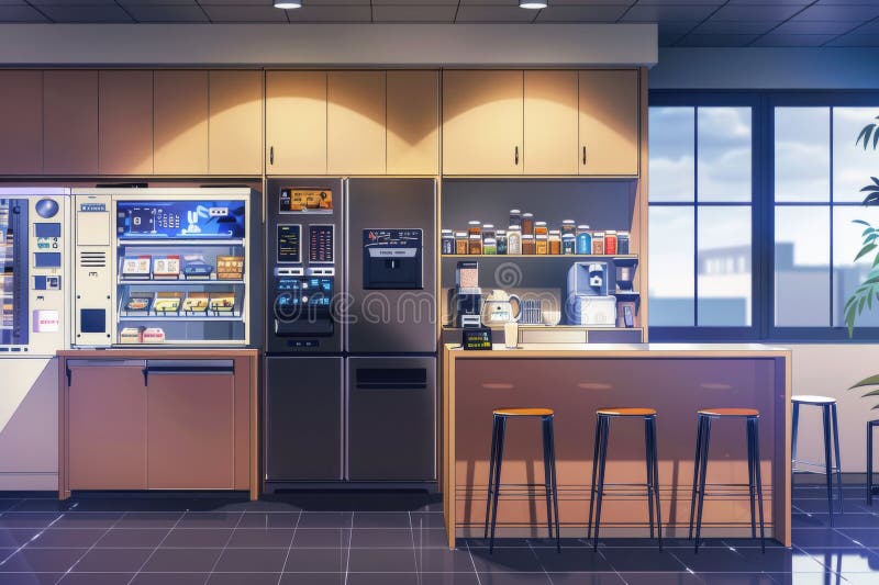 A Modern Office Kitchen with Vending Machines, Coffee Stations, and Refreshment Area Stock ...