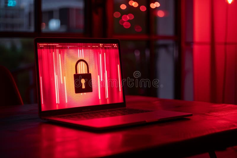 Modern Office Laptop with Red Glow and Padlock - Cyber Security and ...