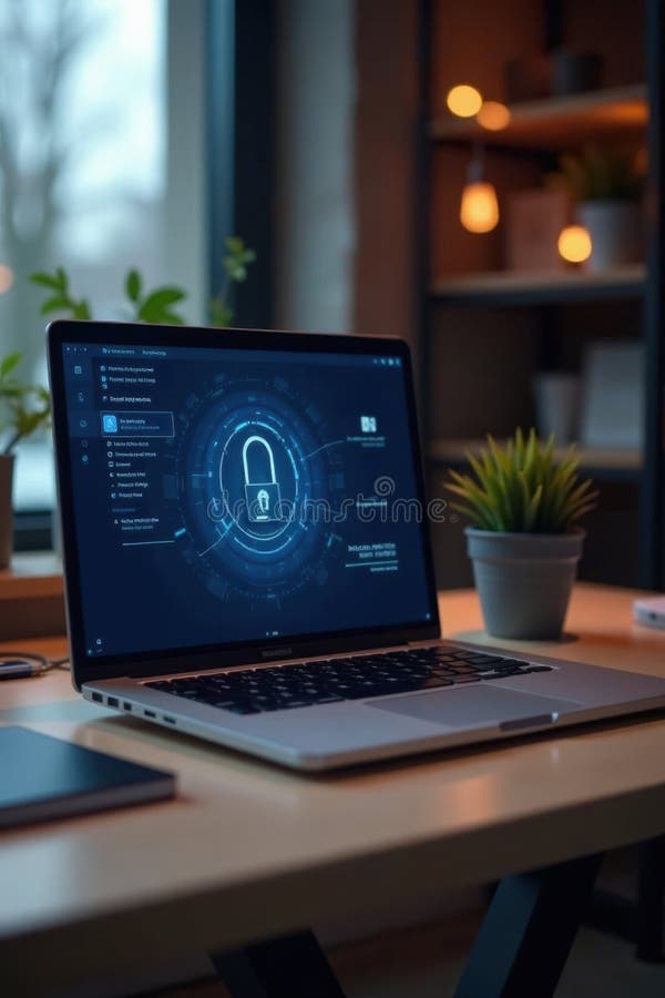 Modern Office, Laptop with Security Software Interface, Internet ...