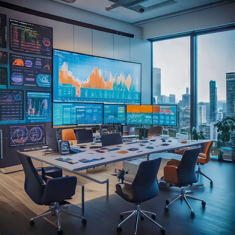 Modern Office with Large Digital Screen Display Stock Illustration ...