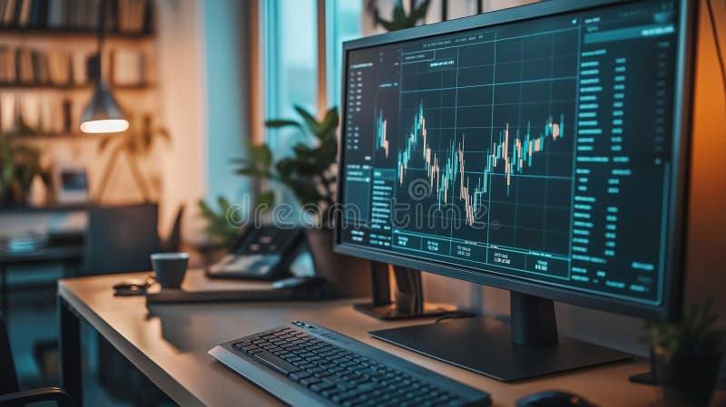 Modern Office with a Large Digital Screen Displaying Complex Financial ...