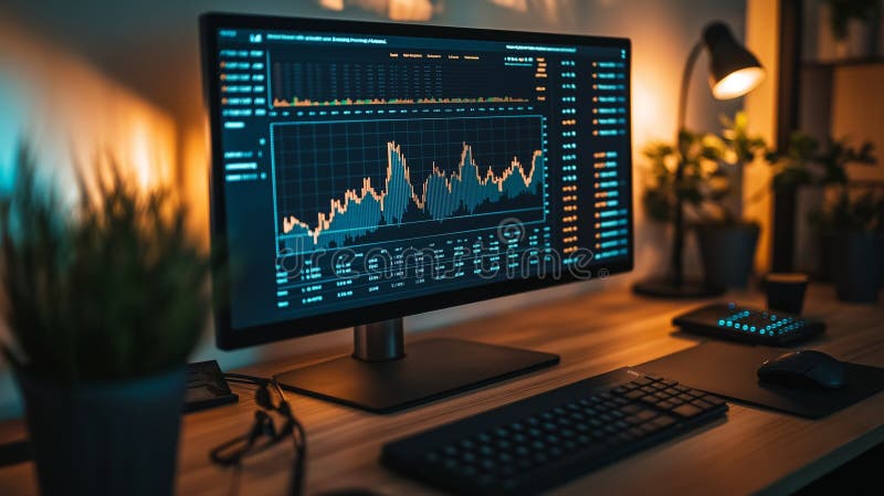 Modern Office with a Large Digital Screen Displaying Complex Financial ...