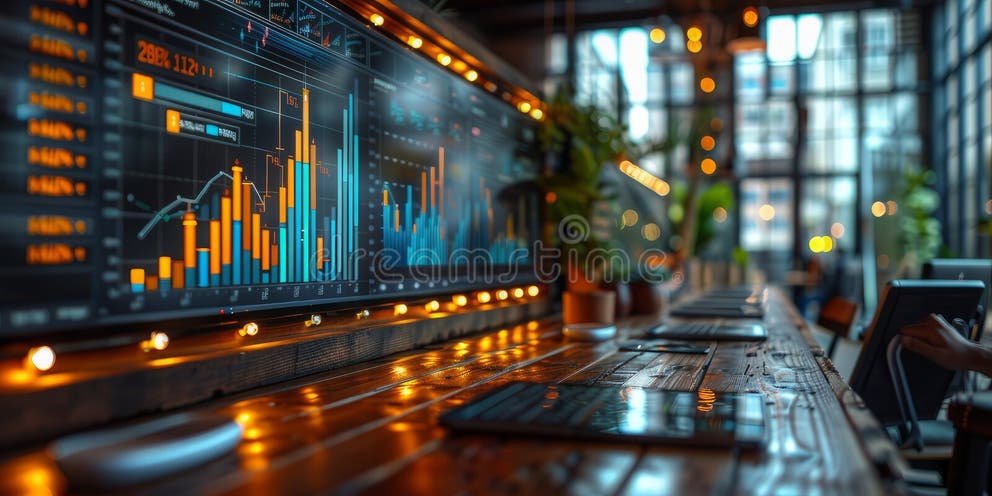 Modern Office with Large Digital Screens Displaying Data Charts and a ...