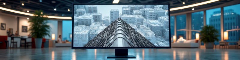 Modern Office with Large Screen Displaying Futuristic Cityscape Concept ...