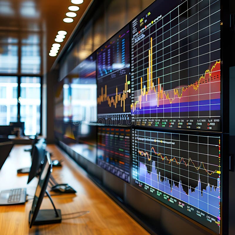 Modern Office with Large Screens Displaying Financial Data Stock Photo ...