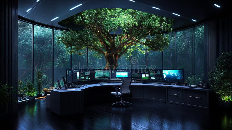 Modern Office with Large Tree, Blending Nature and Technology Stock ...