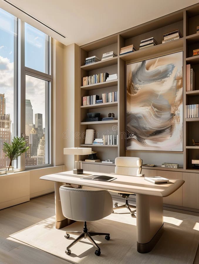 A Modern Office with a Large Window and Bookshelves Stock Photo - Image ...