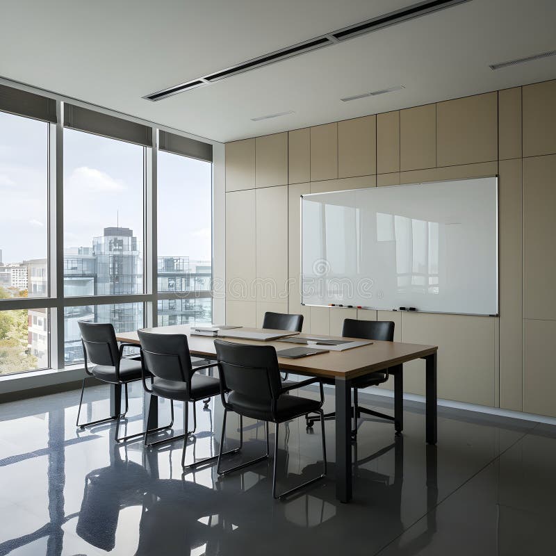 Modern Office, Large Window, Rectangular Table, Chairs, Blank ...