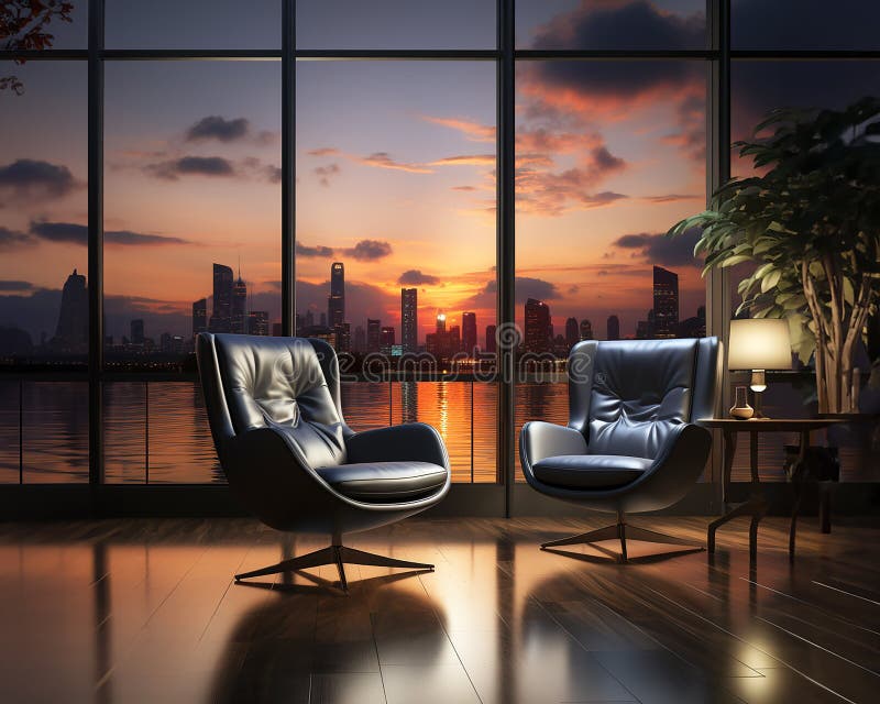 Modern Office with Large Windows in the Evening Stock Illustration ...