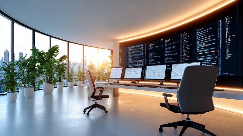 Modern Office with Large Windows and High-tech Workstations at Sunset ...