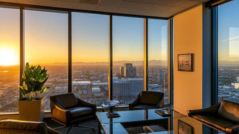 A Modern Office with Large Windows Offering a Stunning View of a City ...