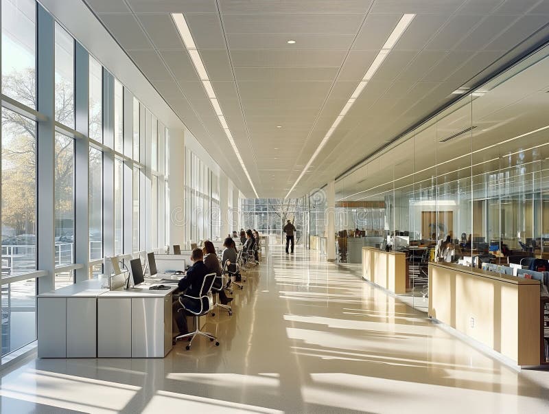 Modern Office with Large Windows and Open Workspace Stock Illustration ...