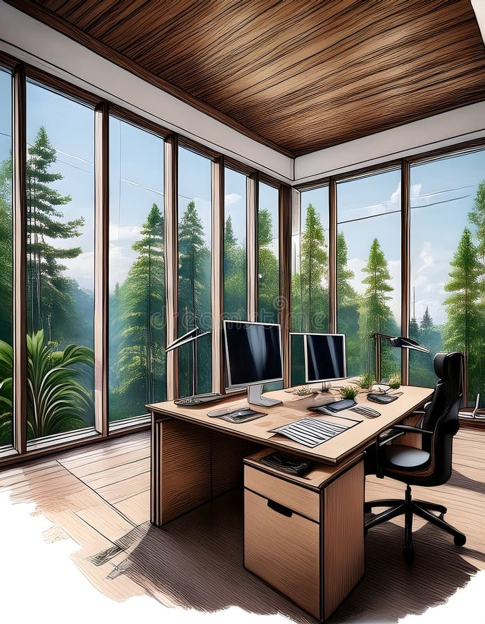 A Modern Office with Large Windows Overlooking a Forest is Depicted in ...
