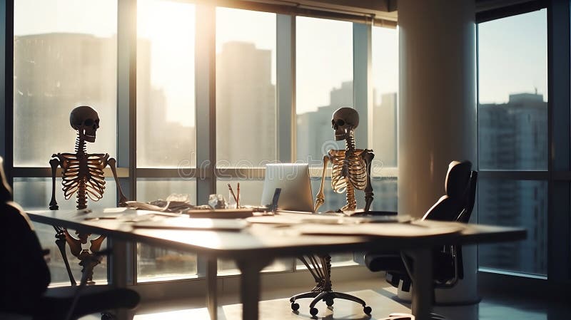 Two Skeletons Sitting in an Office during Sunset, Reflecting Modern ...