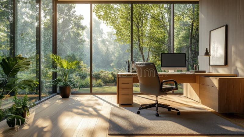 Modern Office with Large Windows and a View of a Green Forest Stock ...