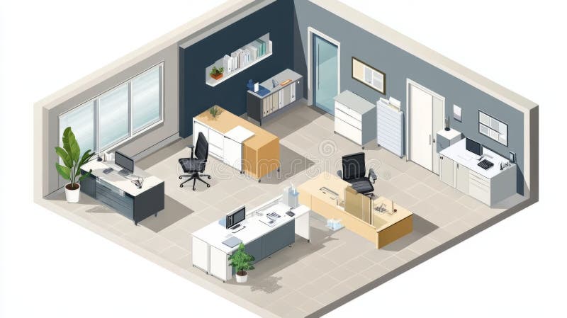 Modern Office Layout Featuring Multiple Workstations and a ...