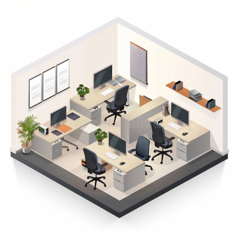 A Modern Office Layout Featuring Multiple Workstations, Ergonomic ...