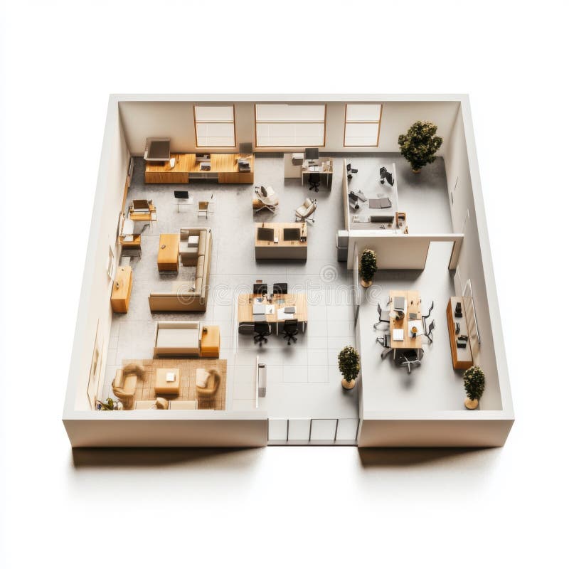 Modern Office Layout with Workstations and Meeting Area in Minimalist ...