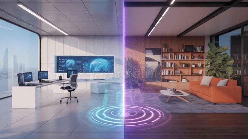 Modern Office and Living Room Split Technology Futuristic Stock Photo ...