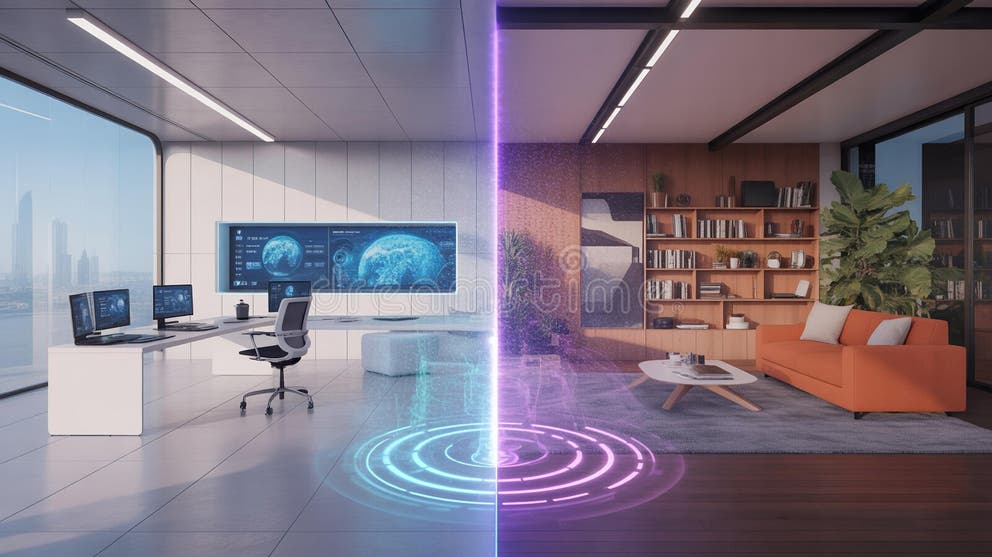 Modern Office and Living Room Split Technology Futuristic Stock Photo ...