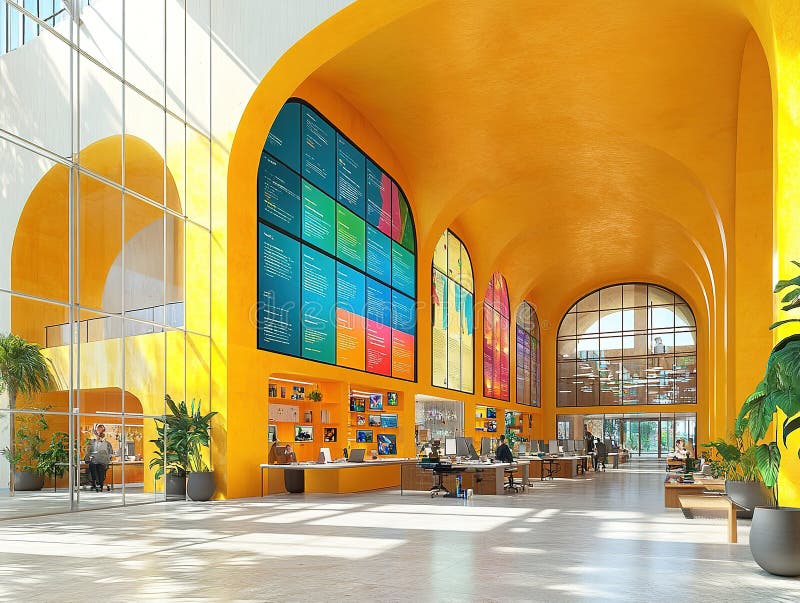 A Lobby with Yellow Couches and Chairs and Tables Stock Photo - Image ...