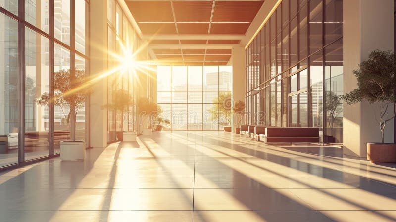 Modern Office Lobby Bathed in Warm Sunlight, Exuding Tranquility and ...