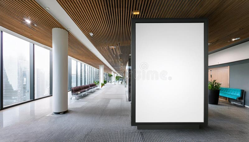 Modern Office Lobby with Blank Vertical White Frame for Advertising. 3D ...