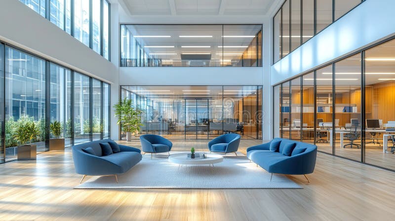 Modern Office Lobby with Blue Sofas, Glass Walls, and Sunlight ...