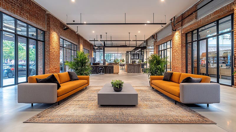 Modern Office Lobby, Brick Walls, City View, Comfortable Seating ...