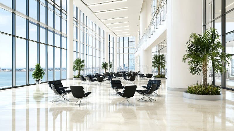 Modern Office Lobby, City View, Waiting Chairs, Sunlight Stock Photo ...
