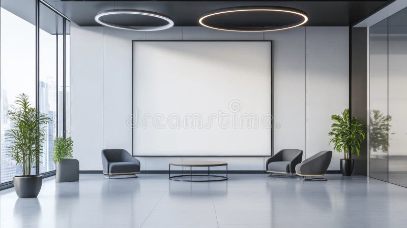 Modern Office Lobby with Comfortable Seating and Large Blank Wall Stock ...