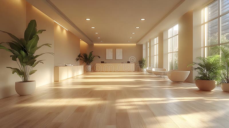 Modern Office Lobby 3D Rendering - Minimalist Design with Sunlight ...