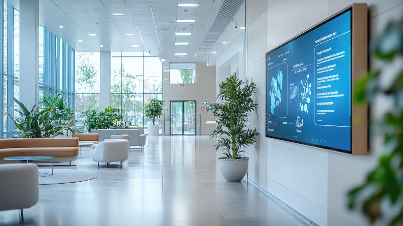 Modern Office Lobby with Digital Display and Indoor Plants in Bright ...