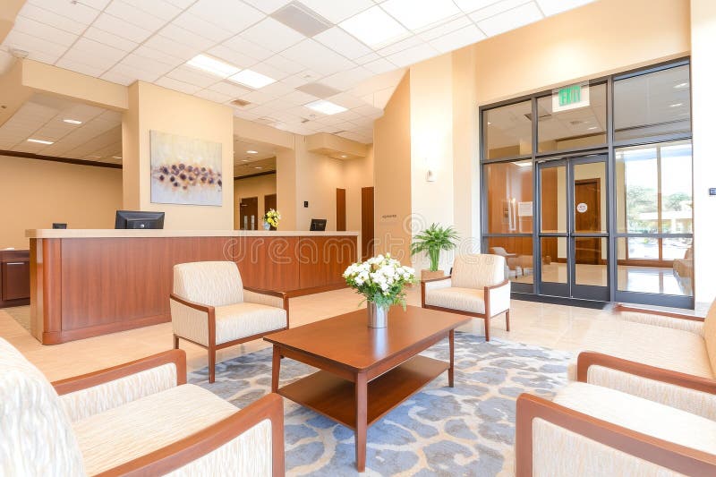 Modern Office Lobby Featuring Neutral Tones, Elegant Decor, and ...
