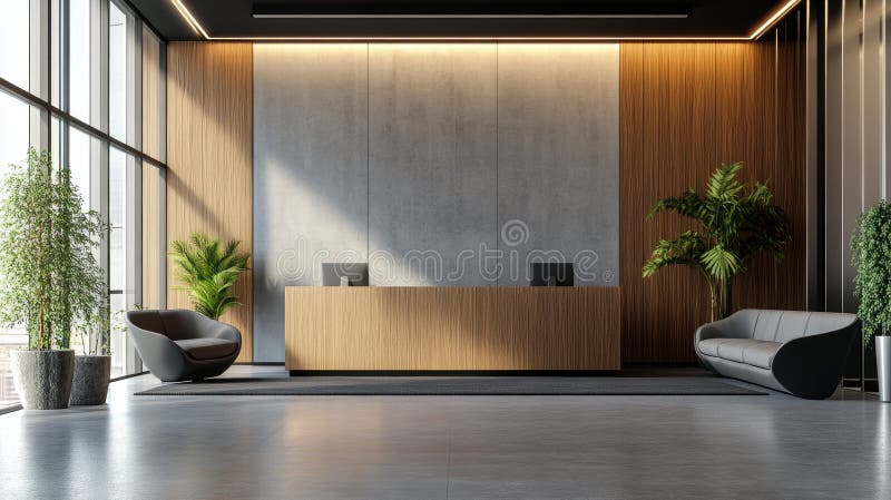 Modern Office Lobby Featuring Sleek Furniture and Large Windows Stock ...