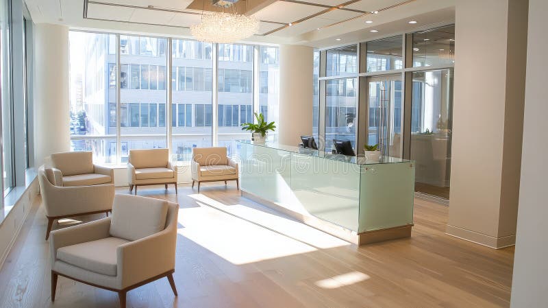Modern Office Lobby with Glass Reception Desk Stock Image - Image of ...