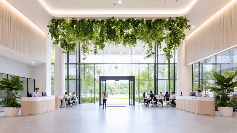 Modern Office Lobby with Greenery and Natural Light Stock Illustration ...