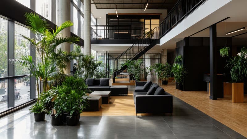 Modern Office Lobby with Indoor Plants and Natural Light Stock Illustration - Illustration of ...