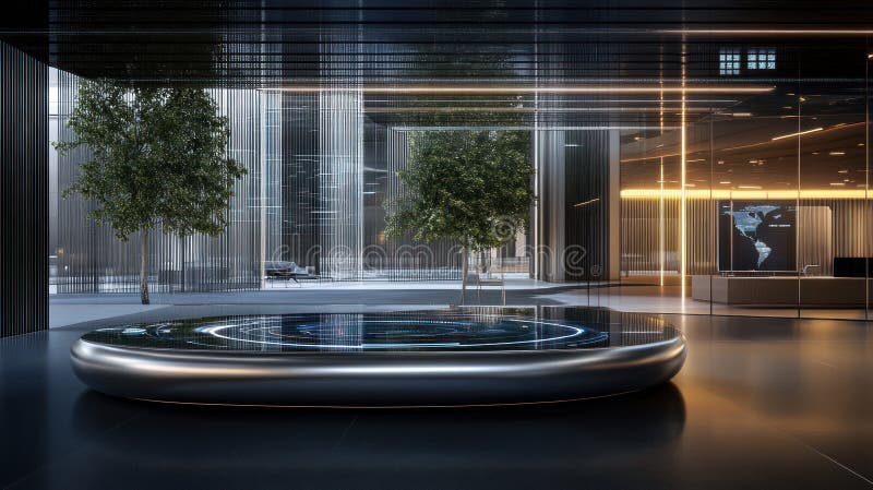 Modern Office Lobby with Interactive Display and Indoor Trees Stock ...