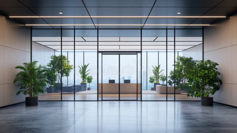 Modern Office Lobby Interior with City View Stock Illustration ...