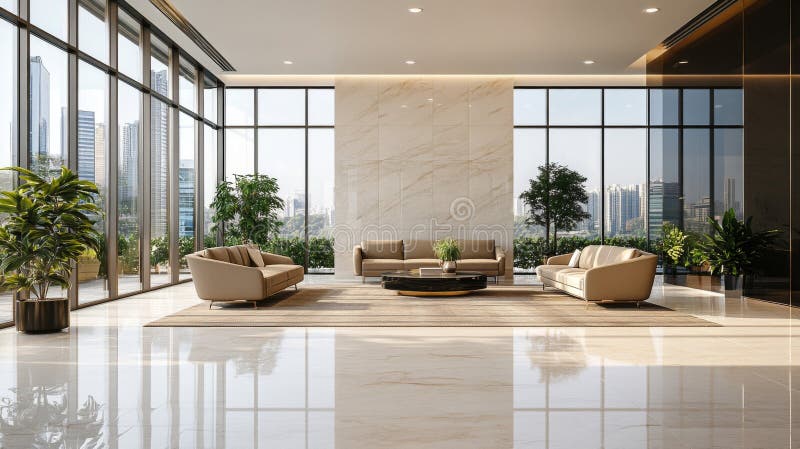 Modern Office Lobby Interior Design with City View Stock Illustration ...