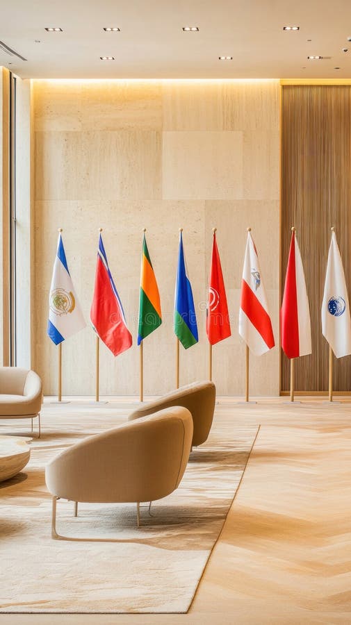 Modern Office Lobby Interior Design with International Flags Stock ...