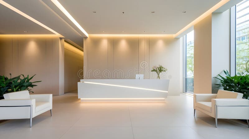 Modern Office Lobby Interior Design with White Reception Desk and ...